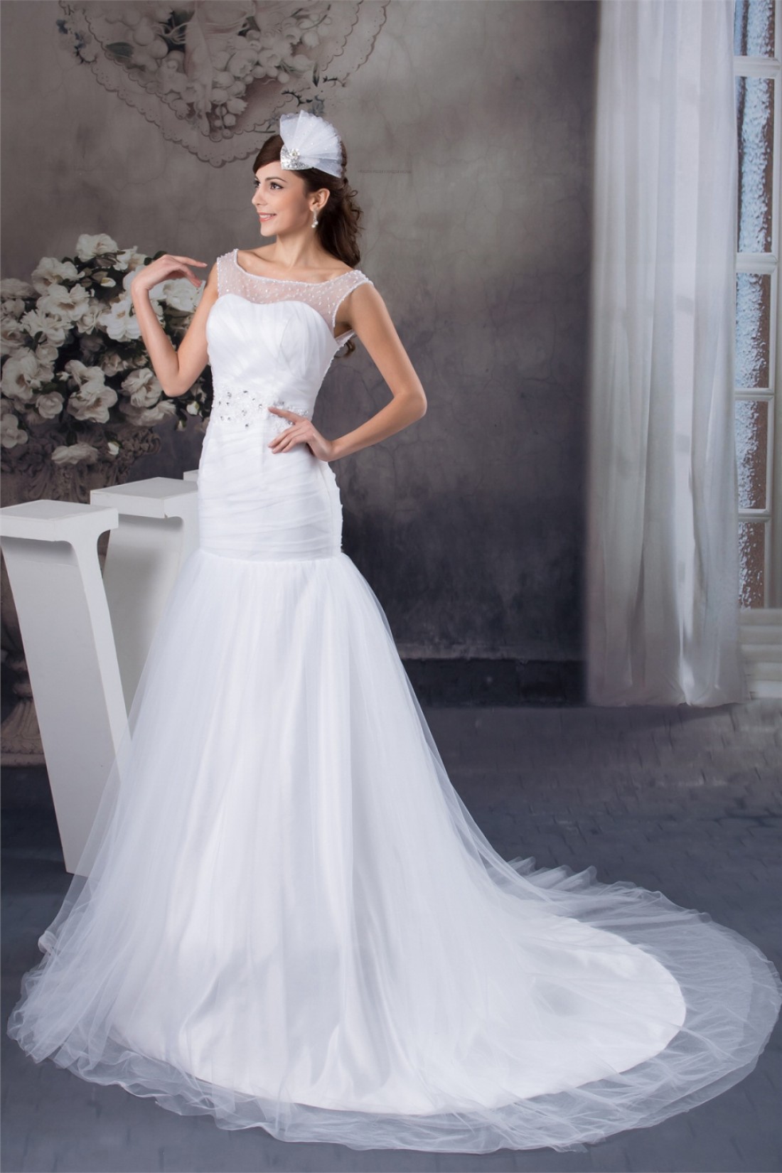 Amazing A-Line Satin Fine Netting Portrait Sleeveless Wedding Dresses ...